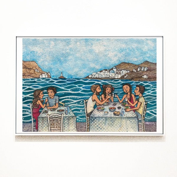 Greek Taverna Wall Art by Lela Stroutsi - Traditional Dining Scene Print